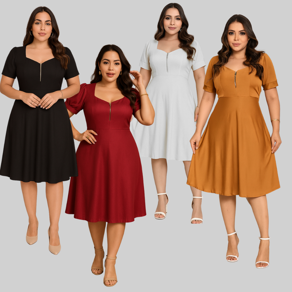 Vestido Feminino Mídi Social Rodado Zíper Manga Moda Evangélica Tendencia Modesta Casual ...