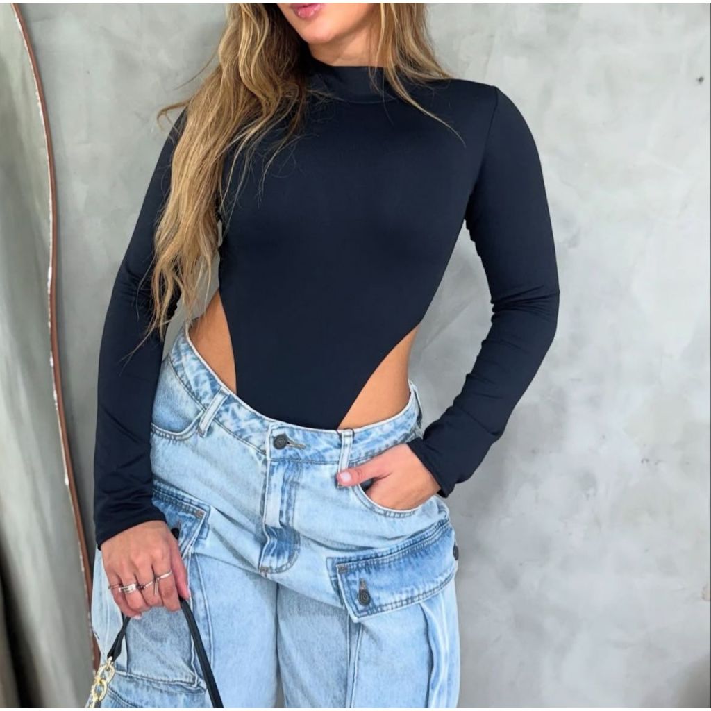 Bory\Body feminino gringo manga longa luxuoso gola alta cavado na ...