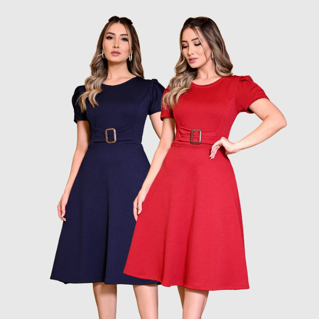Kit 2 Vestido Godê Midi Feminino com Manga Curta e Gola Redonda ...