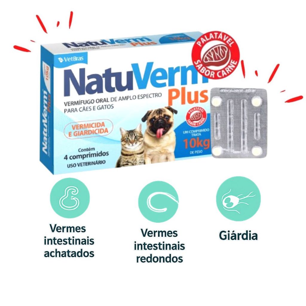 Kit Vermífugo Giardicida Natu Verm Plus Cães e Gatos c/4 Compr. 660mg ...