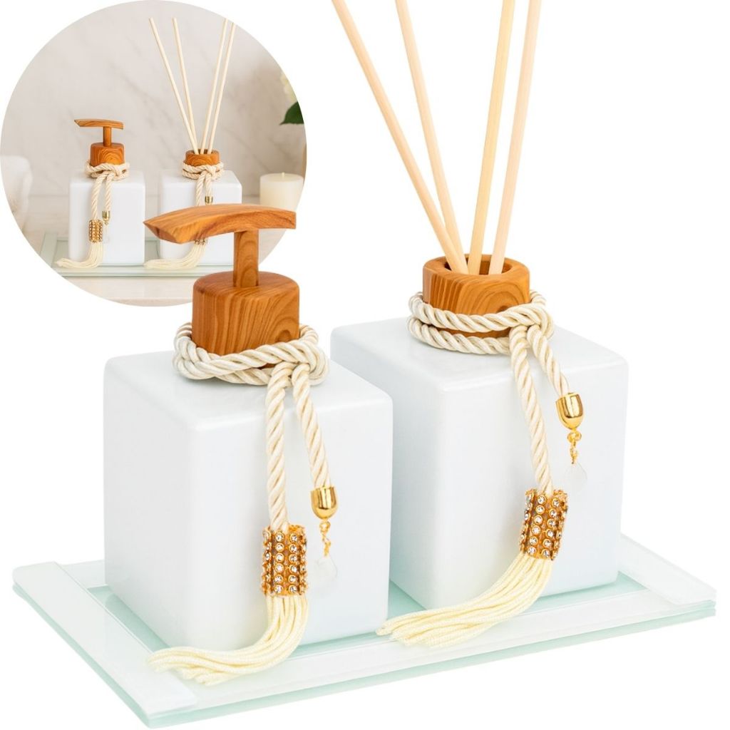 Kit Lavabo Vidro Luxo Com Bandeja Decorativa E Frascos 250ml Banheiro ...