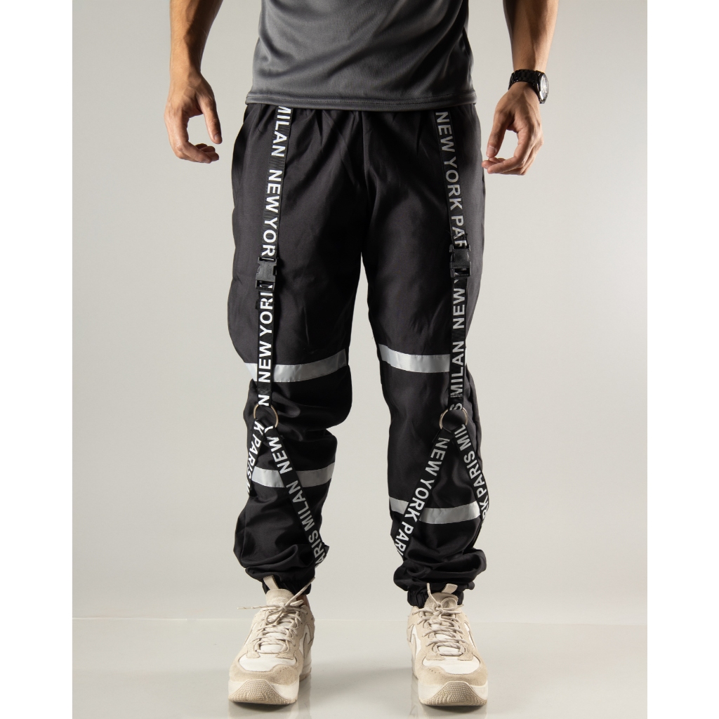 Calça Jogger Gringa Faixa unissex Preta Refletiva Larga Rapper Trapper ...