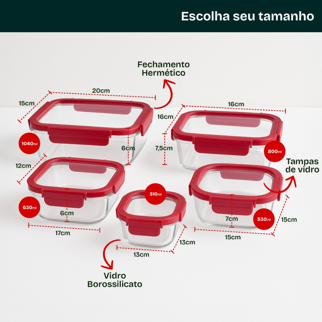 Conjunto 3 Potes de Vidro Herméticos com Tampa Marmita Fitness 4 travas ...