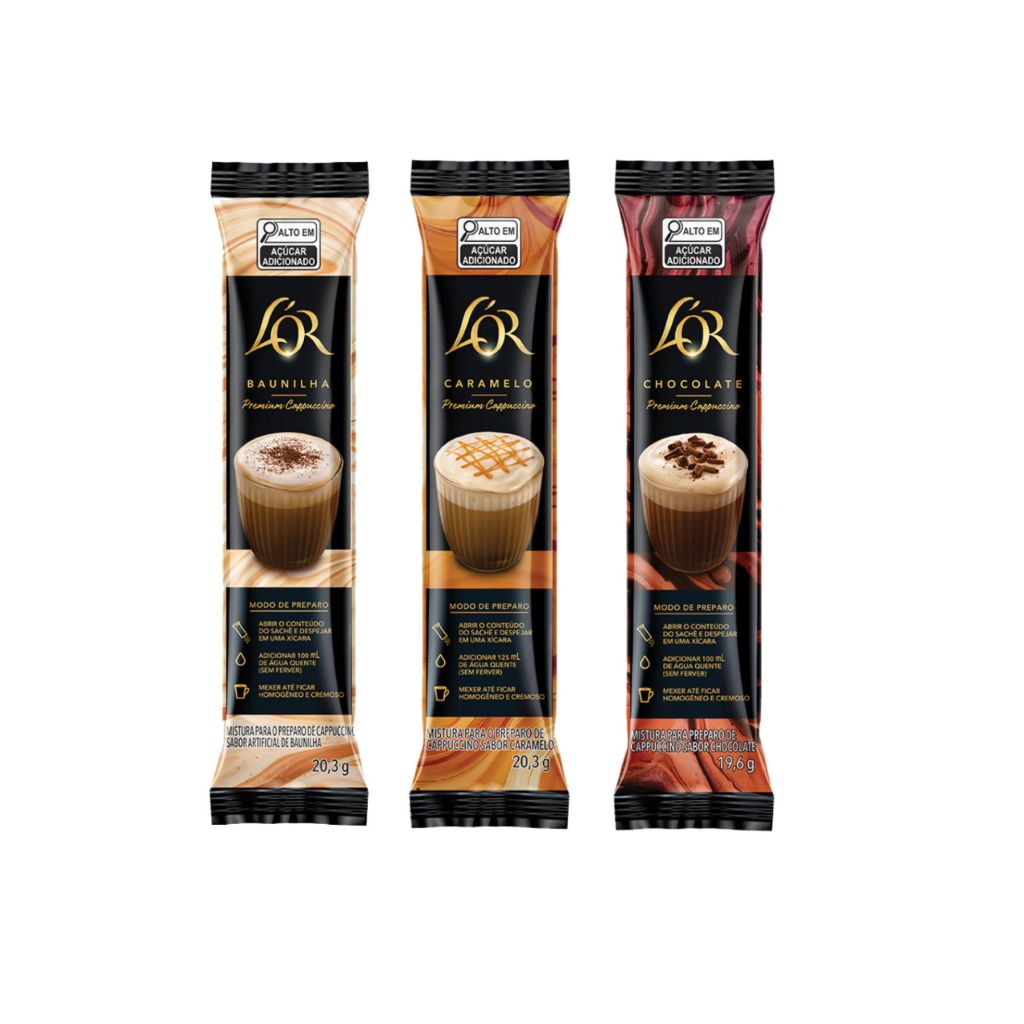 Caixa Com 8 Saches Cappuccino LOR Sabores Baunilha Caramelo e Chocolate ...