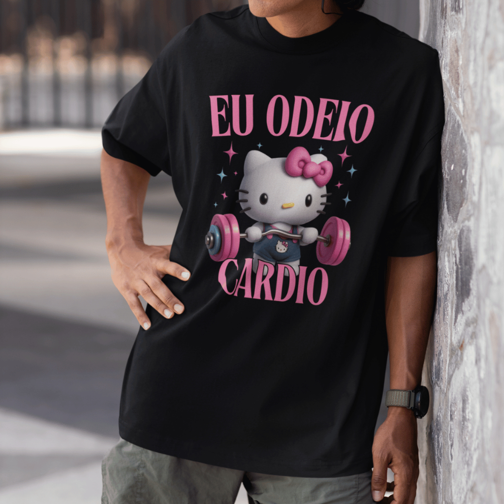 Camiseta Oversized Academia Hello Kitty Eu Odeio Cardio Meme Blusa 100% ...