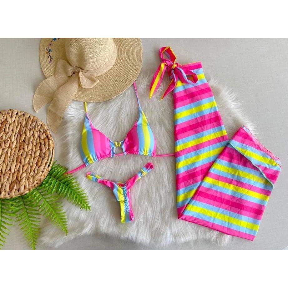 Conjunto biquíni e saída de praia Parêo listrado | Shopee Brasil