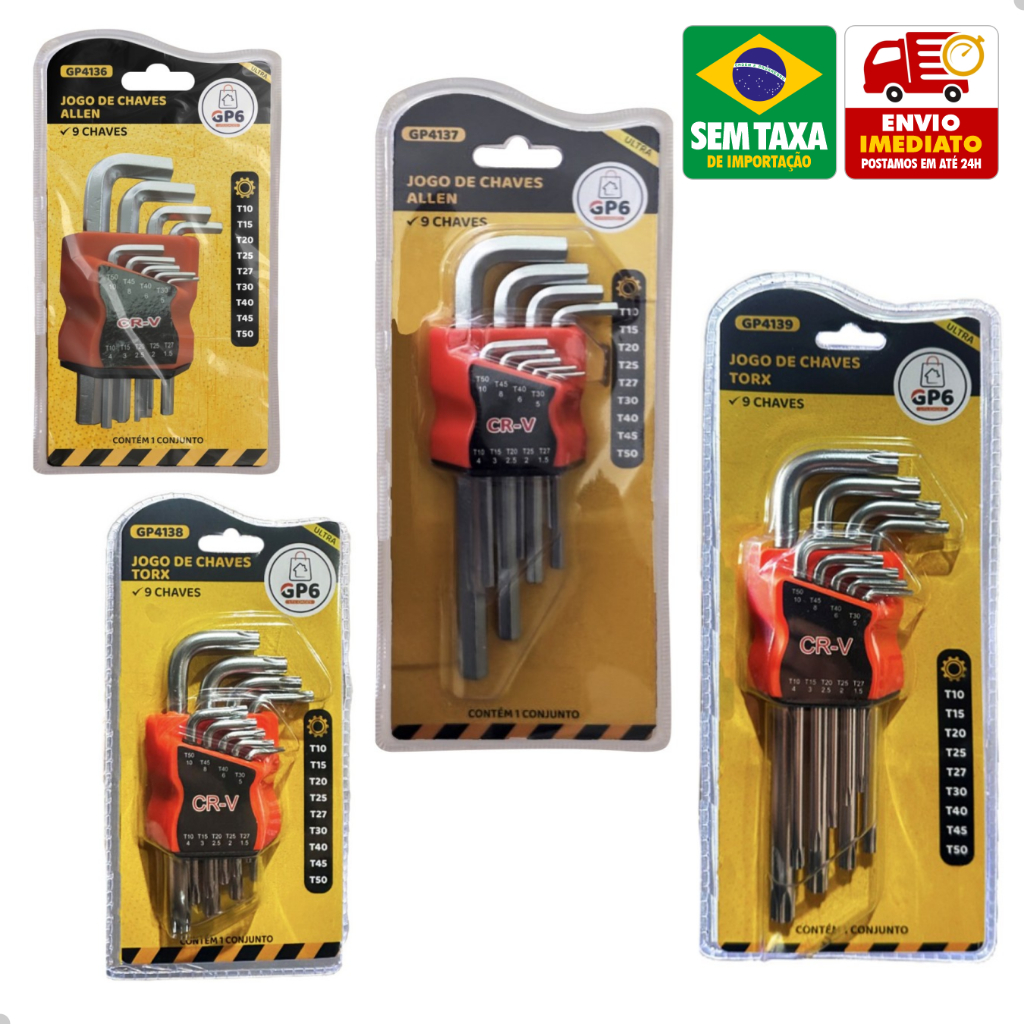 Jogo Chaves Allen Torx 36 Peças Tipo L Curta Média T10 a T50 Aço GP ...