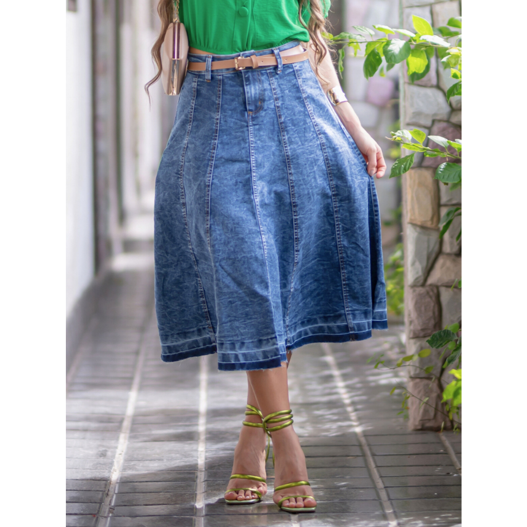 Saia Jeans Midi Soltinha Elegante Com Cinto Moda Evangélica Jufí Ref ...