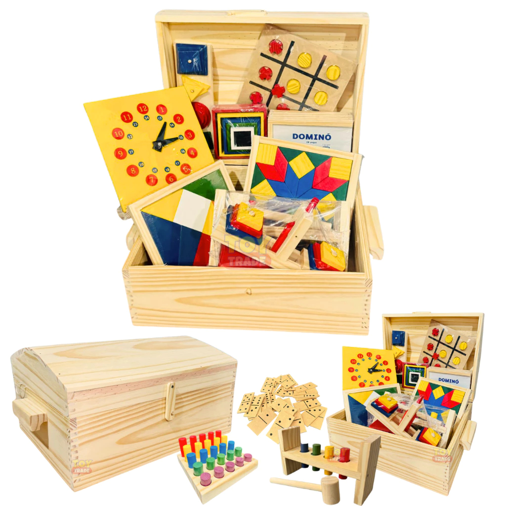 Baú Pedagógico com 10 Jogos Educativos de Madeira - Toy Trade para ...