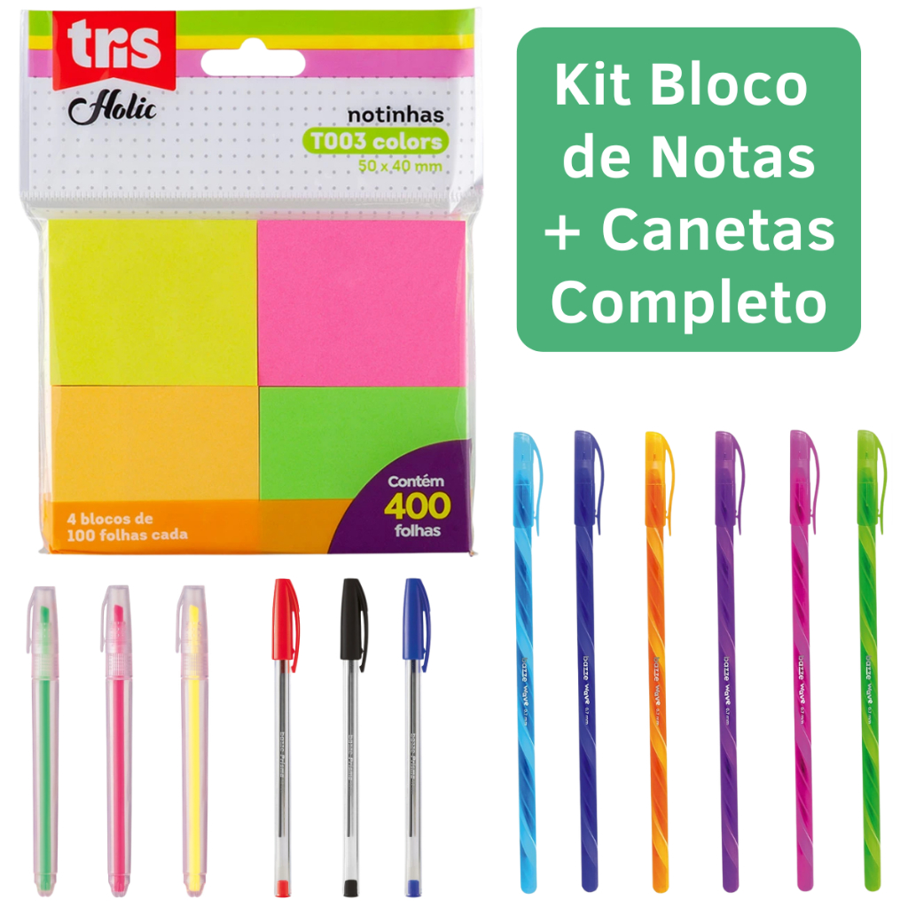 Kit Bloco de Notas Colorido Com Canetas Anotaçoes Adesivo Marca Texto ...
