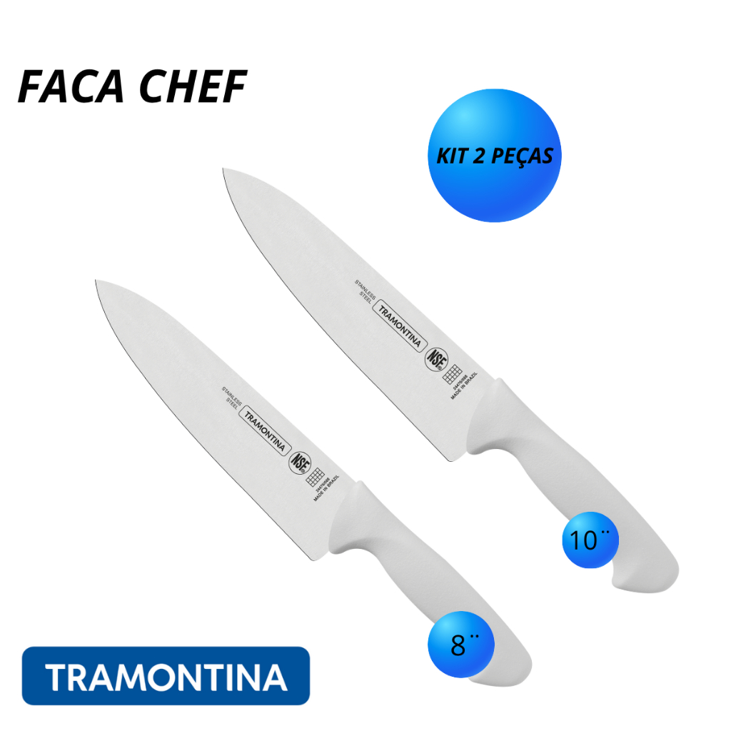 Kit Facas de Carne CHEFE TRAMONTINA Premium Inox Cabo Branco 8" e 10" | Shopee Brasil