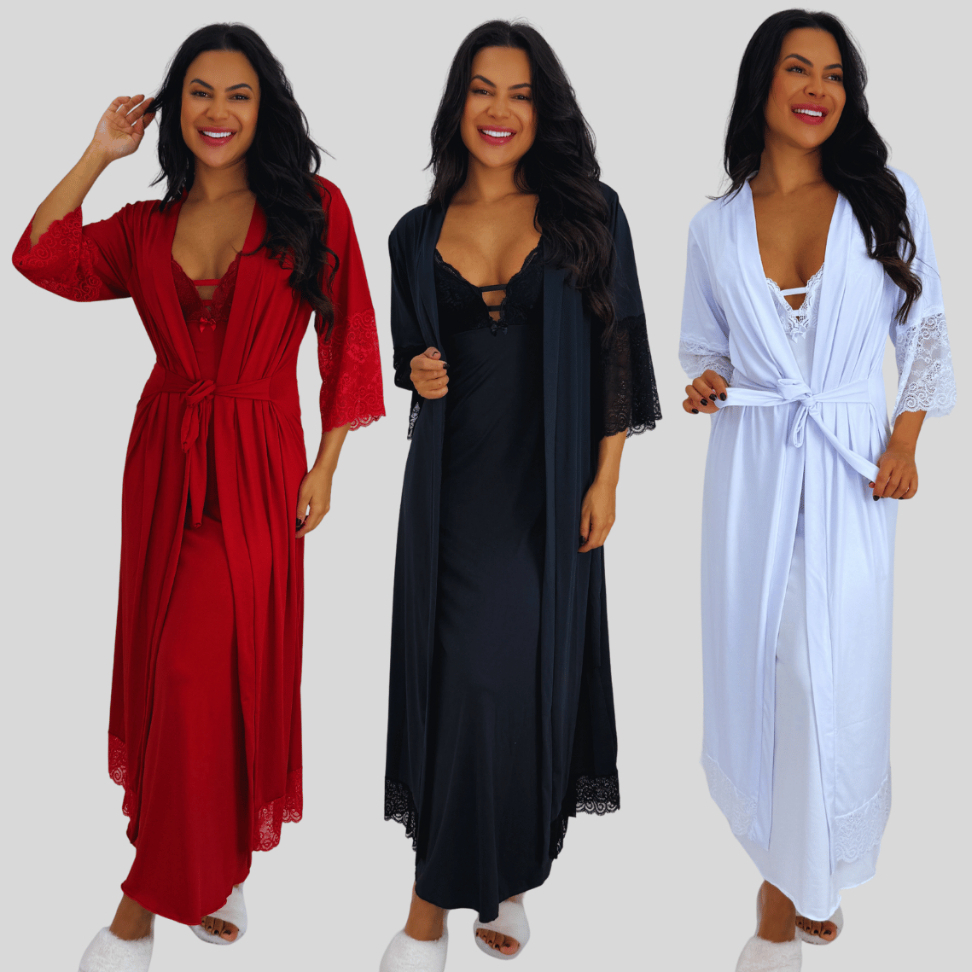 Robe Longo Feminino Com Renda Luxo Noiva Hobe Roupão Lactante Gestante ...