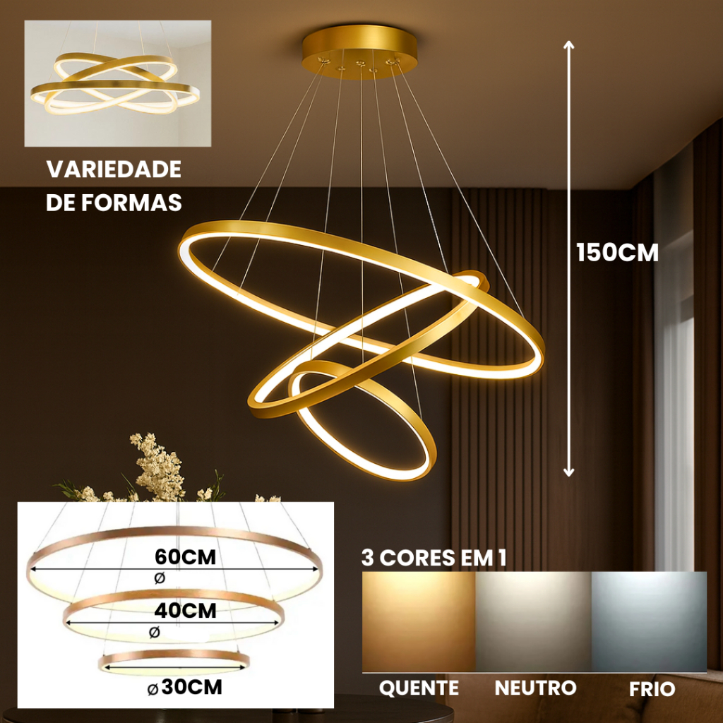Pendente Dourado LED 3 Aros Moderno Luxo Nobre Luz Bivolt Decorativo com Ajuste | Shopee Brasil