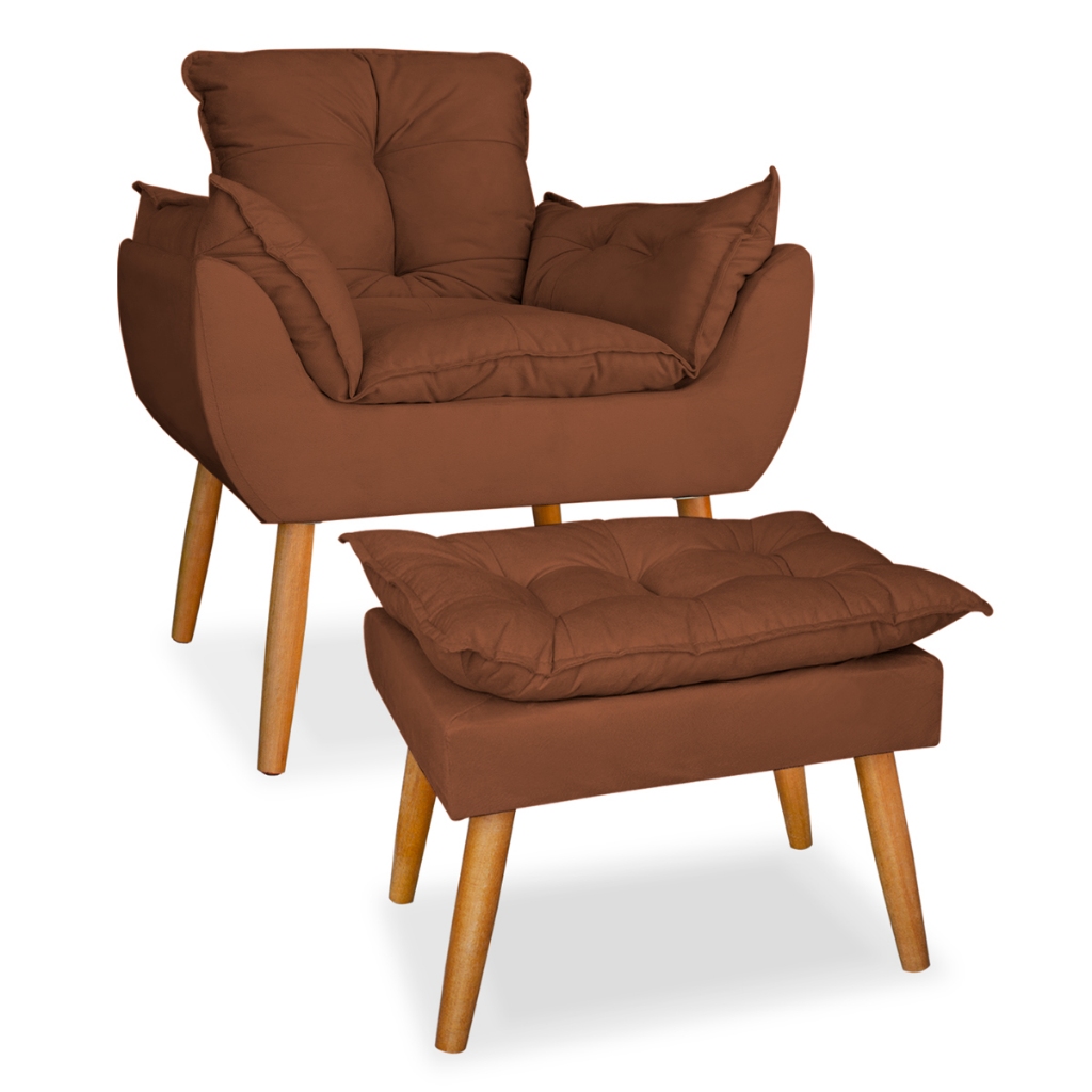 Poltrona cadeira estofada pes palito mais puff opala em suede terra ...
