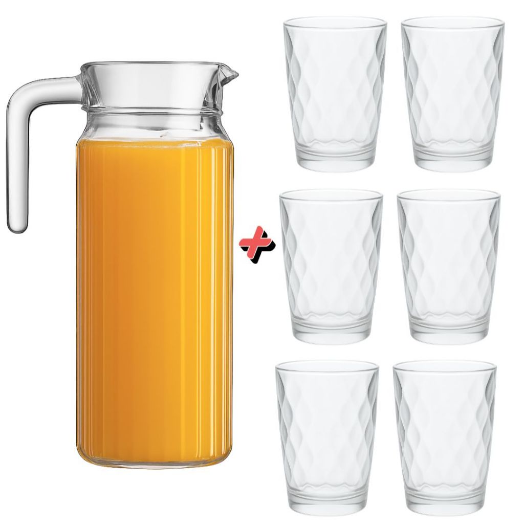Jogo de Copo Diamond Luxo 360ML 6 Unidades + 1 Jarra de Vidro 1 Litro Com Tampa | Shopee Brasil