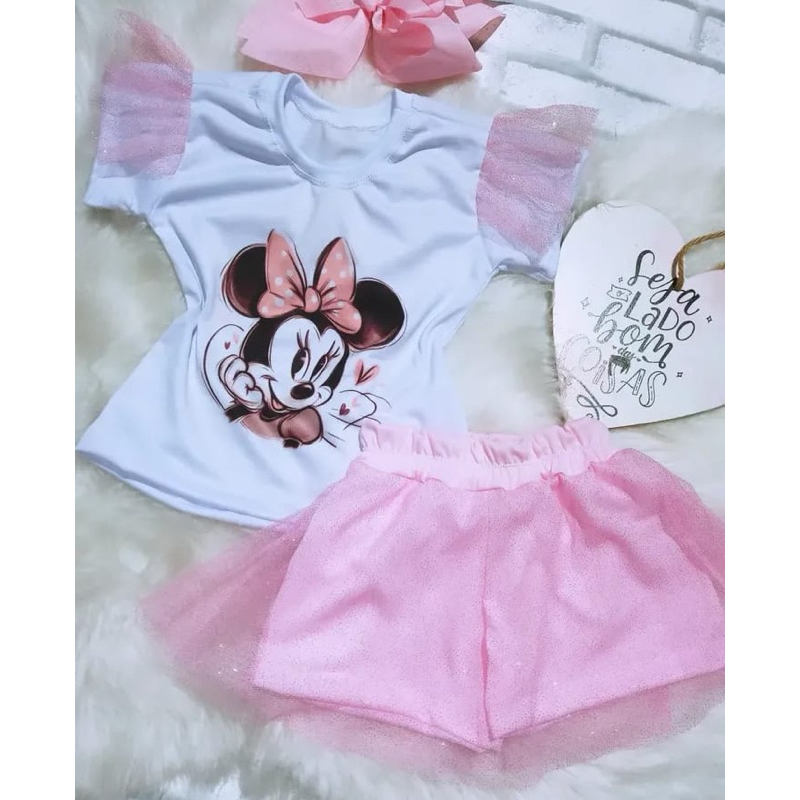 CONJUNTO MINEI E STITCH LOVE SHORT SAIA DE TULE ROSA | Shopee Brasil