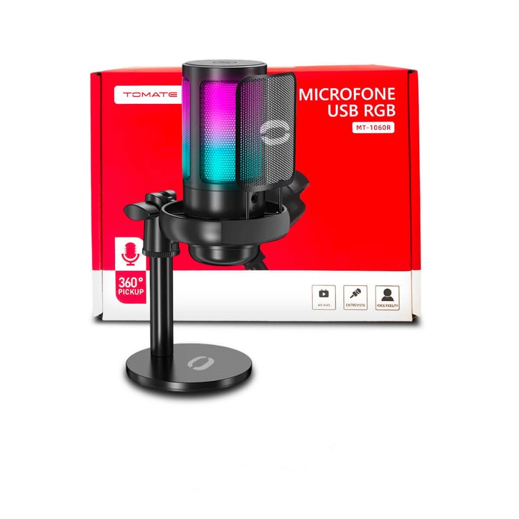 Microfone Condensador Gamer RGB USB-C com Redução de Ruído e Suporte ...