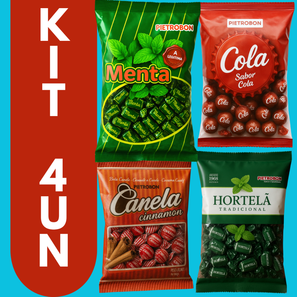 KIT 4 Pacotes de bala 600g Pietrobon - Menta Hortelã Cola Canela- Bala ...