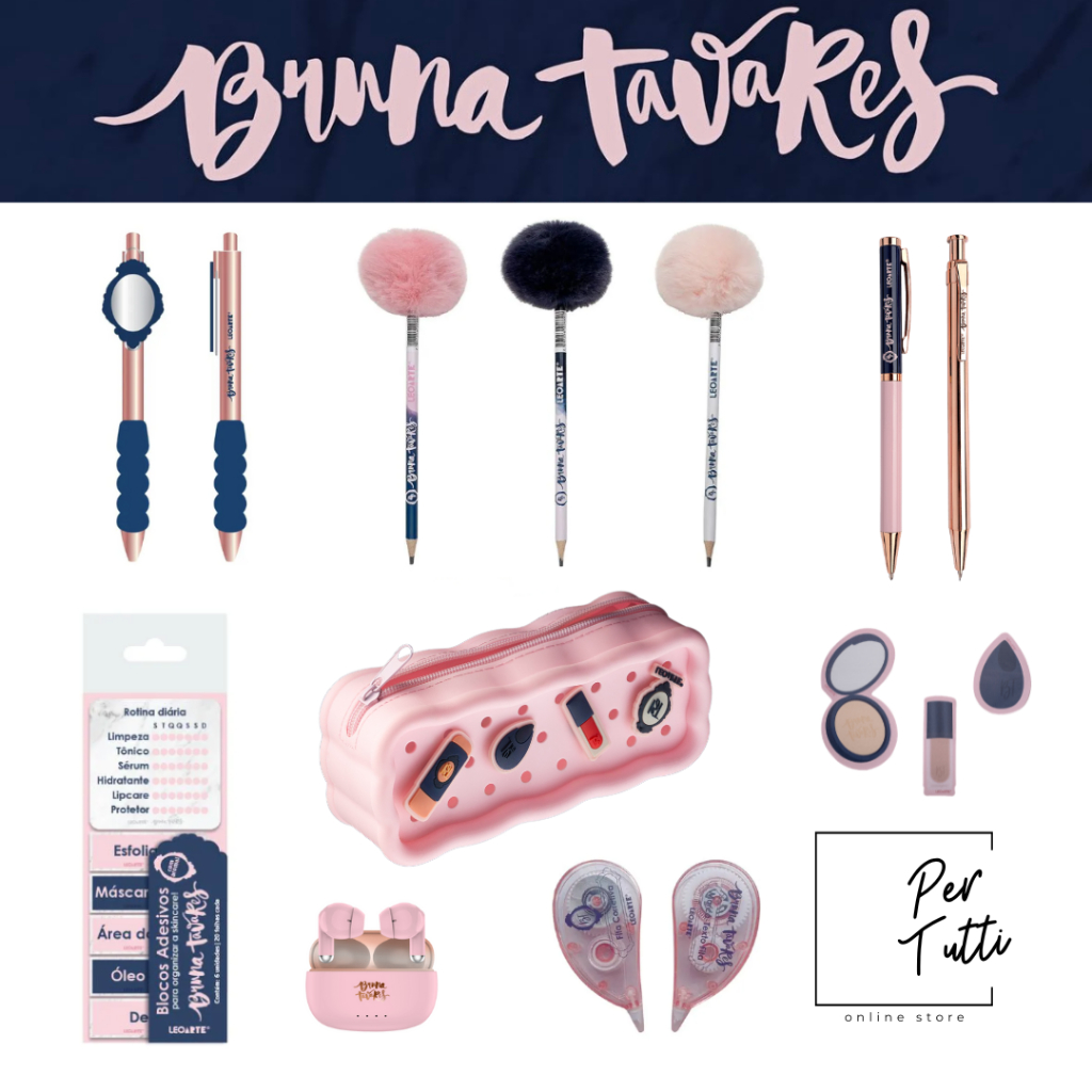 Kit Bruna Tavares Papelaria Caneta Lapiseira Estojo Marca Texto Corretivo Fita Lapis HB | Shopee ...