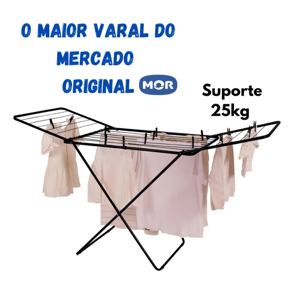 Varal de Chão Preto BIG com Extensor 25kg – MOR – Dobrável, Retrátil ...
