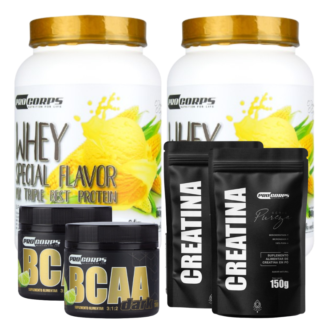 2 Whey Special Flavor 840g + 2 Bcaa + 2 Creatina pura refil 150g | Shopee Brasil