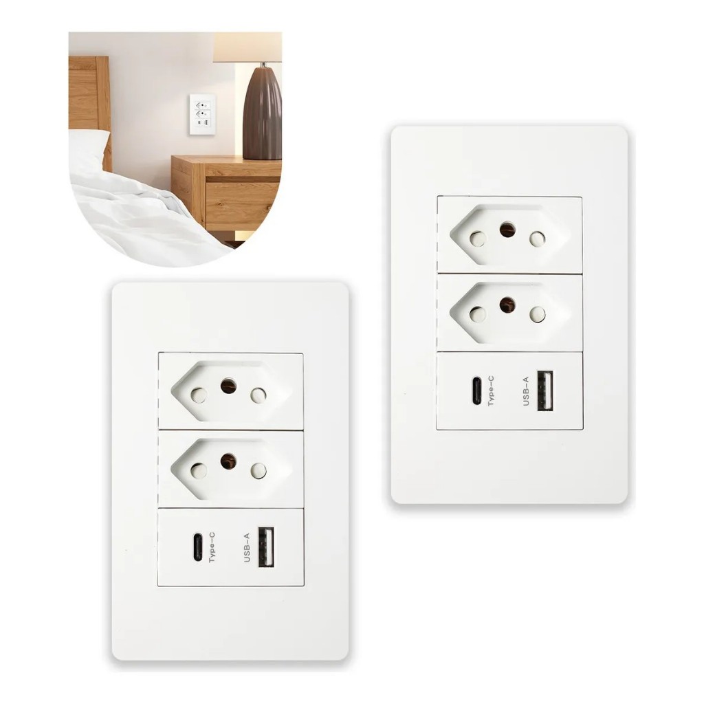 Tomada Modula com 2 entradas 1 entrada usb e 1 entrada tipo-c | Shopee ...