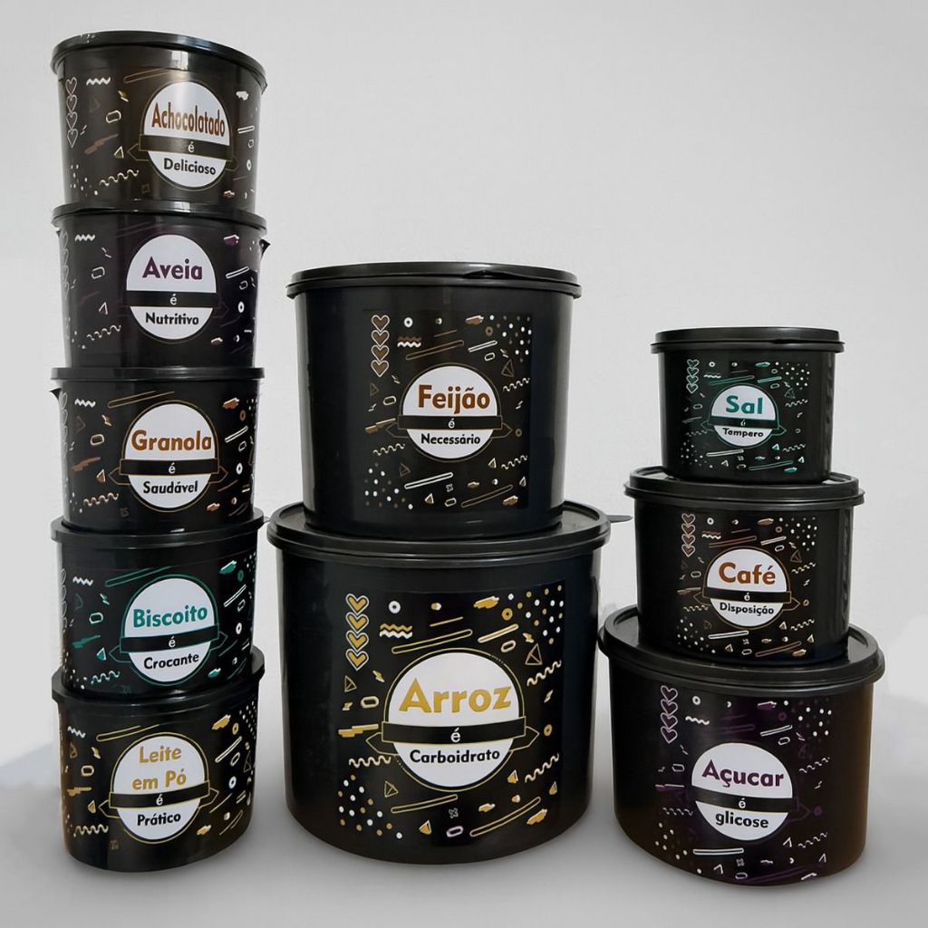 Kit 10 potes, conjunto de cozinha, mantimento e condimento preto ...