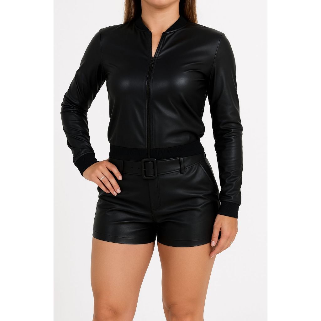 Conjunto Short Couro Fake + Jaqueta em Couro Fake - Preço Promocional ...