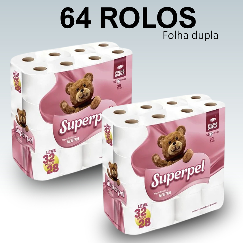64 Rolos Papel Higiênico Folha Dupla SuperPel 10Cm X 30M | Shopee Brasil