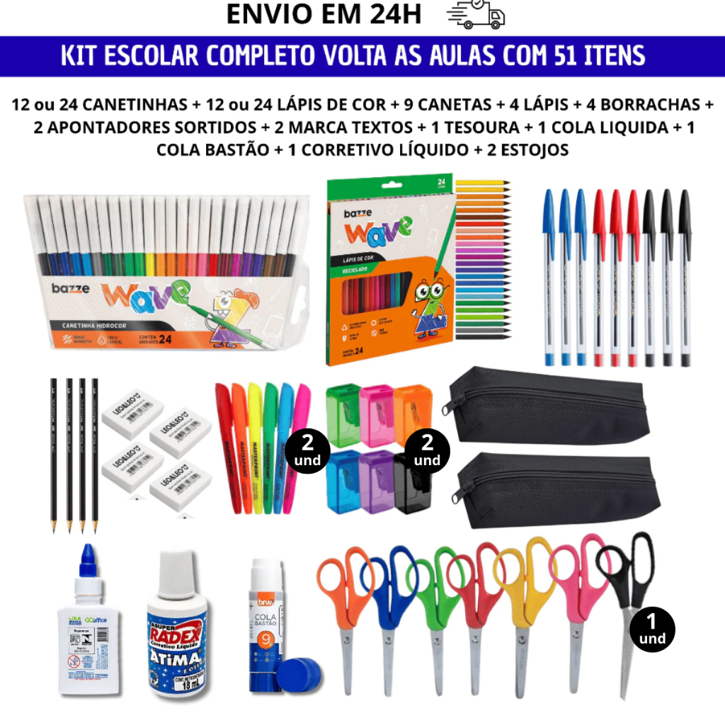 Kit Material Escolar Estojo Completo 51 Itens Volta às Aulas Com 2 ...