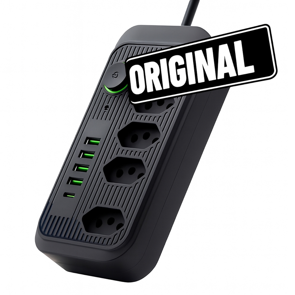 Extensão Filtro de Linha com 5 Tomadas 4 USB 1 Tipo C - Cabo de 2 metros - Alta Qualidade ...