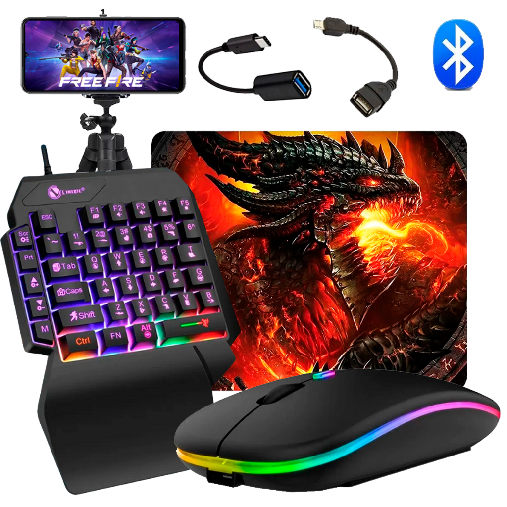 Kit Mobilador Completo Teclado Gamer Mouse Bluetooth 2 Adaptadores Otg ...