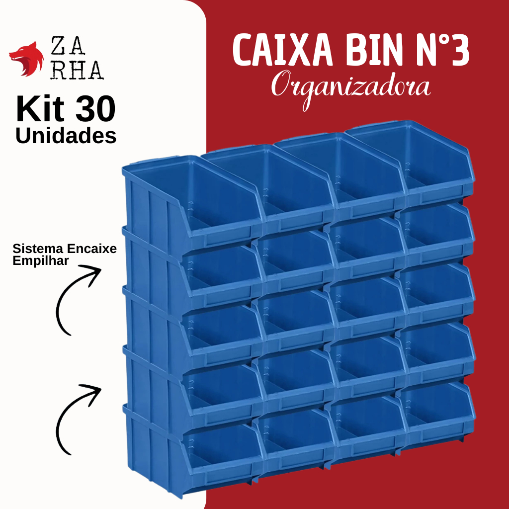 Caixa Bin Azul Nº3 com 30 Unidades Plástico Resistente Empilhável ...