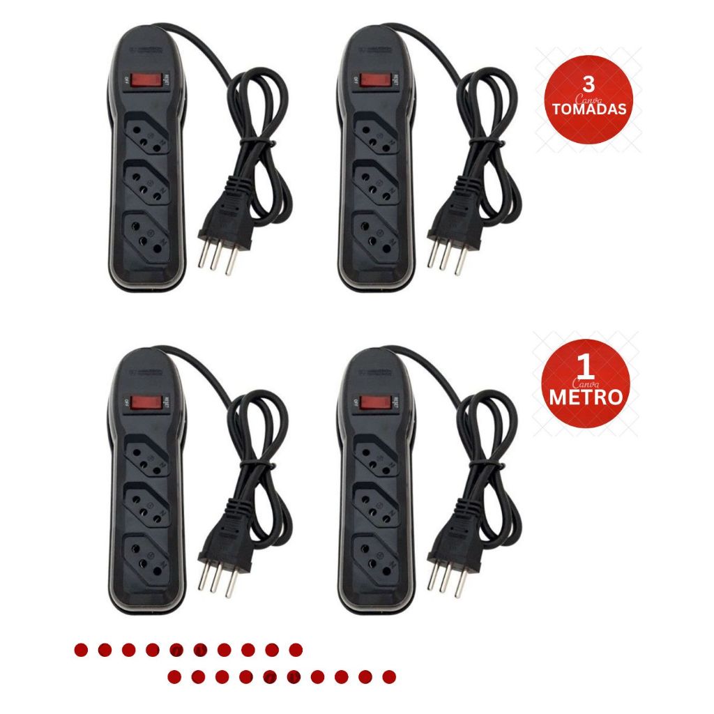 FILTRO DE LINHA REGUA EXTENSAO ELETRICA 3 TOMADAS CABO 1 METRO KIT C 4PCS 10A MEGATRON INMETRO ...