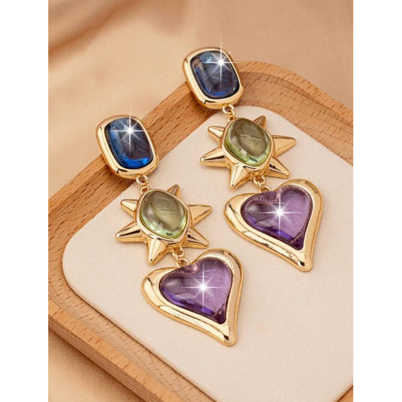 Brinco Pedraria Retro Vintage Azul verde roxo | Shopee Brasil