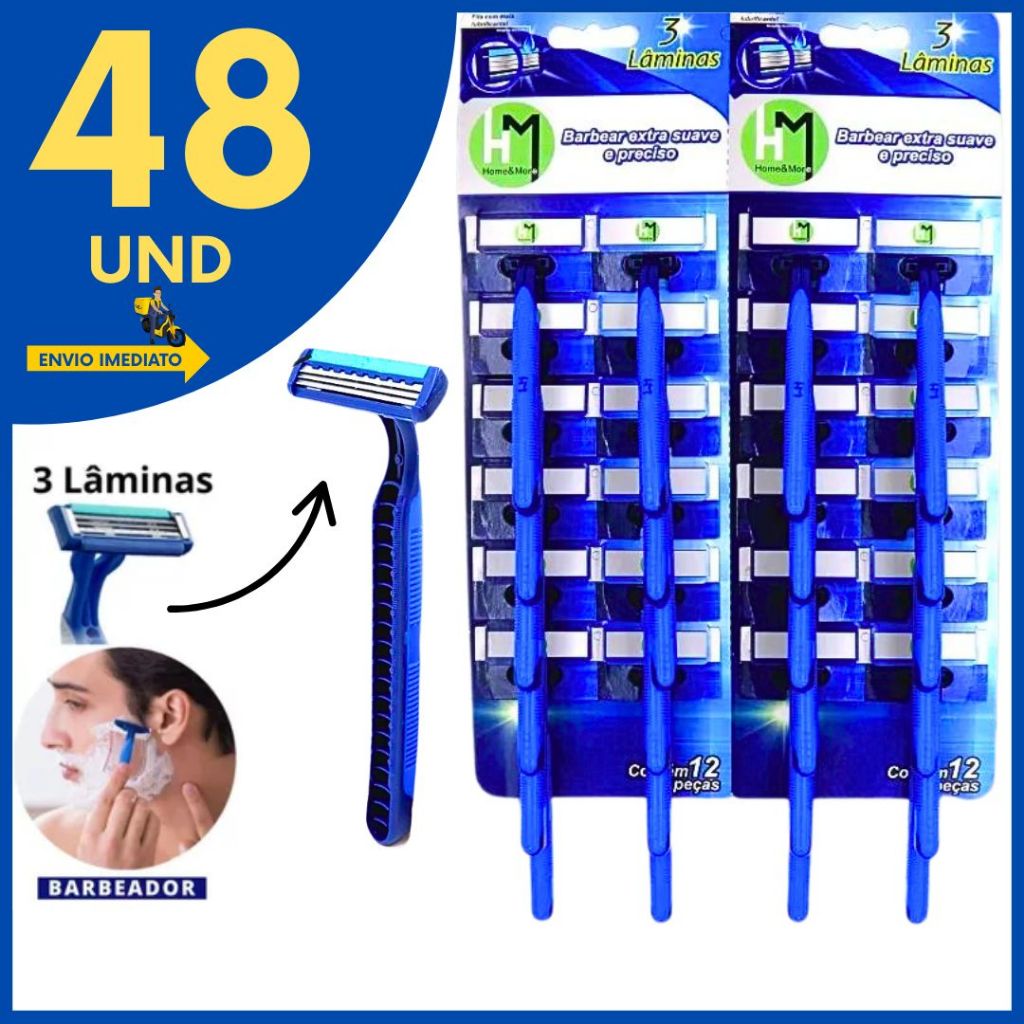 Kit 48 Aparelhos de Barbear 3 Lâminas com Fita Lubrificante – Barbeador ...