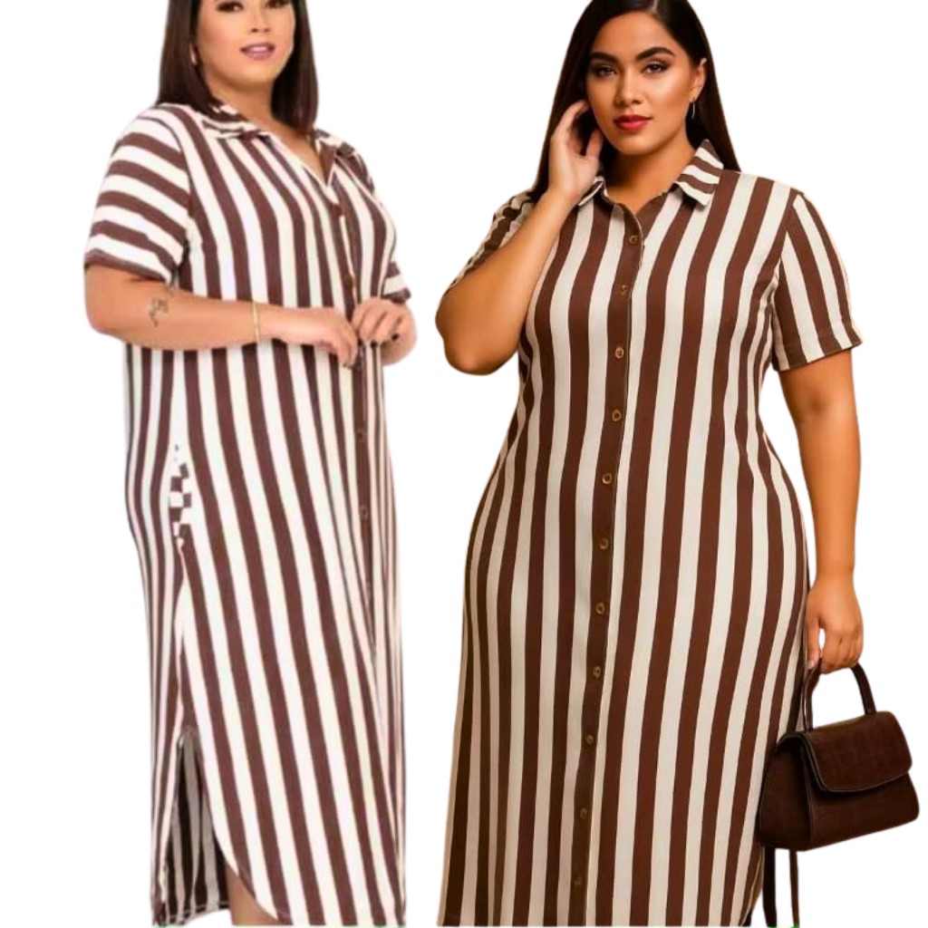 Vestido Chemise Plus Size Listrado em Viscolycra - Botões, Bolsos e ...
