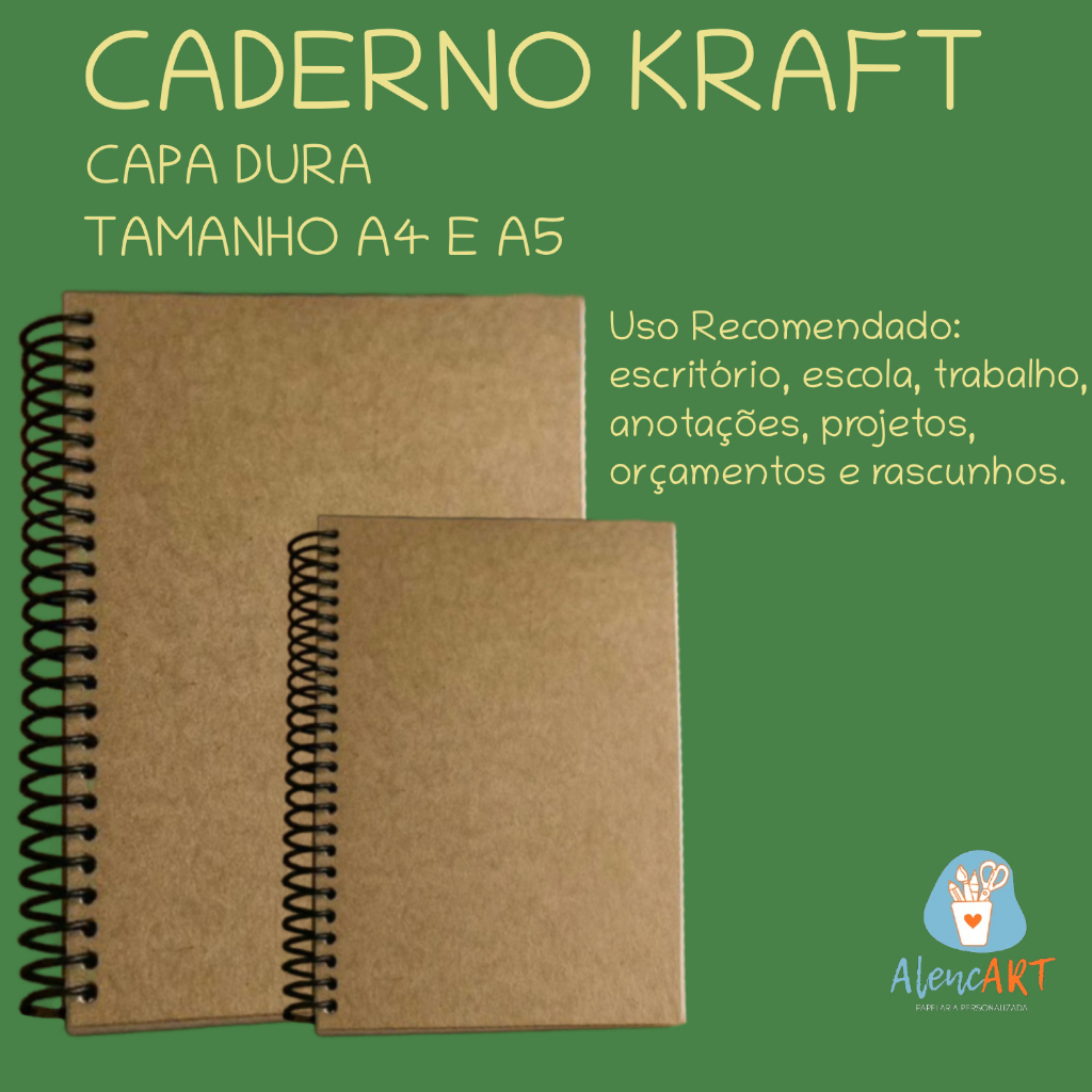 Caderno A5 / A4 Capa Dura Kraft 100 Folhas Lisas, Pautadas, Pontilhadas ...