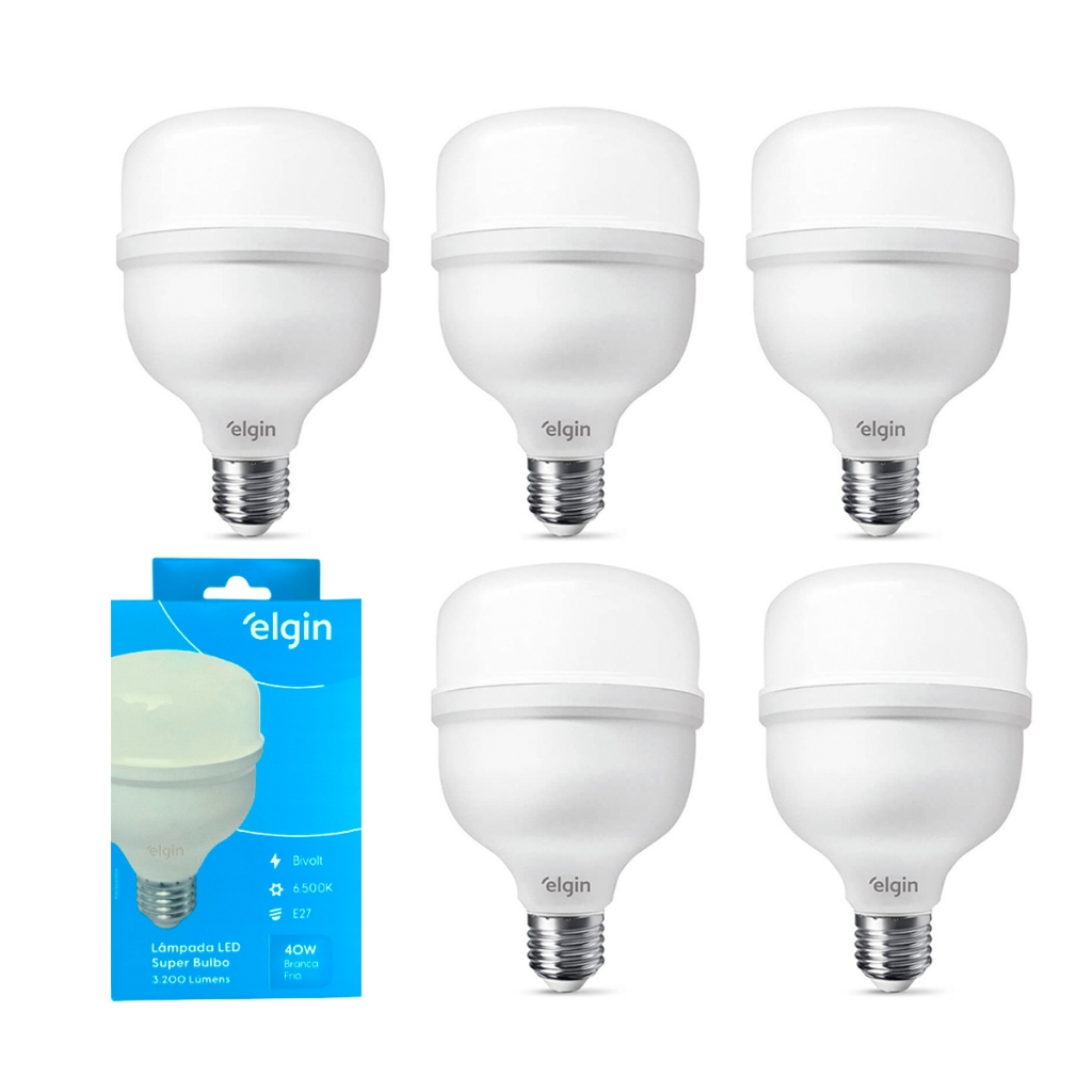 Kit 5 Lâmpadas Led Super Bulbo Elgin 40w Alta Potência Bivolt Luz Branca Fria 6500k 1 a 5 ...