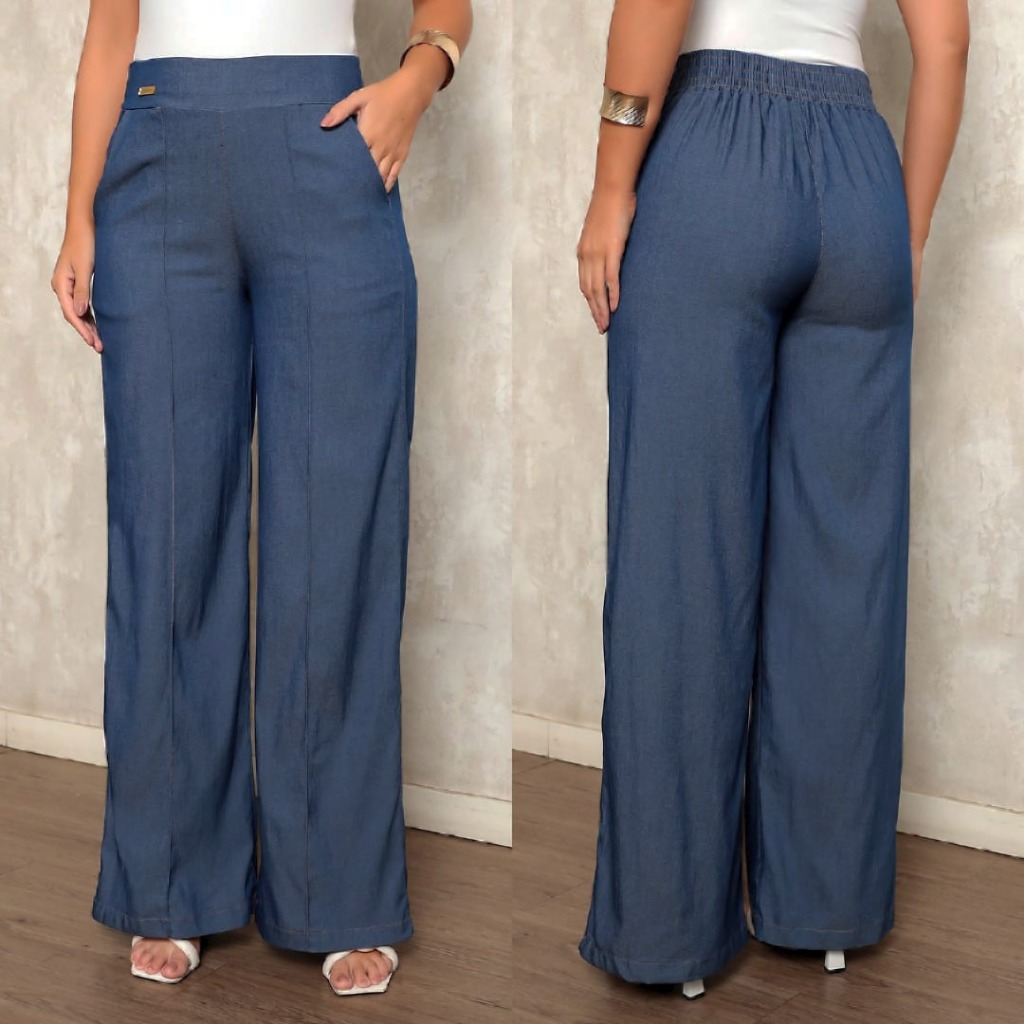 Calça Pantalona Jeans Chambray Feminina Cintura Alta e Detalhes Na ...