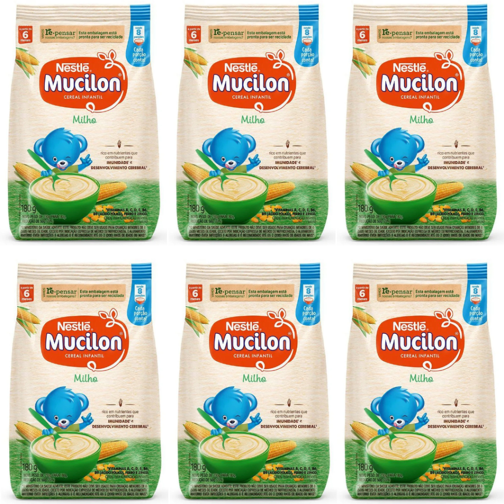 6 Unidades Cereal Infantil Nestlé Mucilon Milho 180g Cada Refil Pacote ...