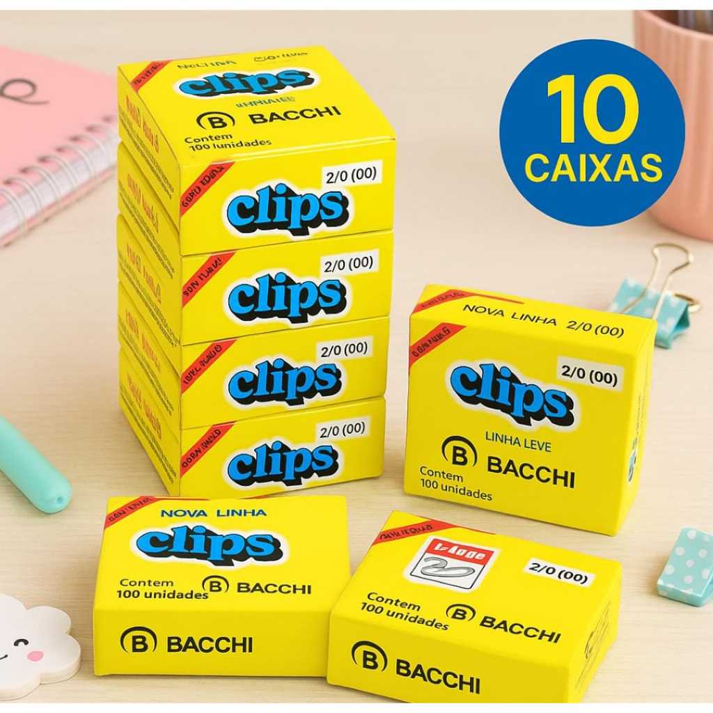 Kit 10 Caixas Clips Bacchi 2/0 - 1000 unidades Papelaria Escritório ...