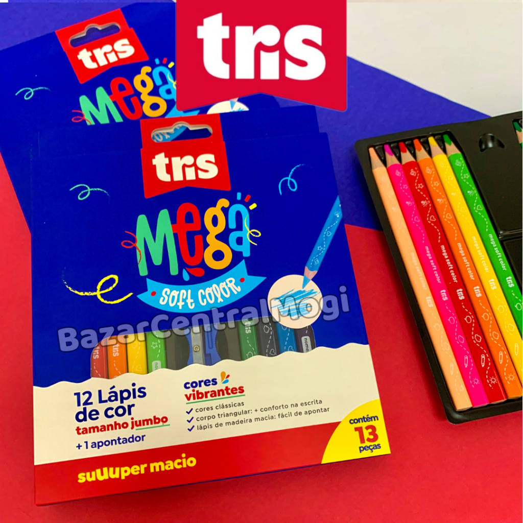 Lápis de Cor Jumbo Tris Mega Soft Color 12 Cores e Apontador Super ...