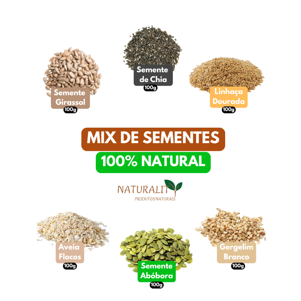 Mix de Sementes: Abóbora, Chia, Girassol, Linhaça, Gergelim e Aveia ...