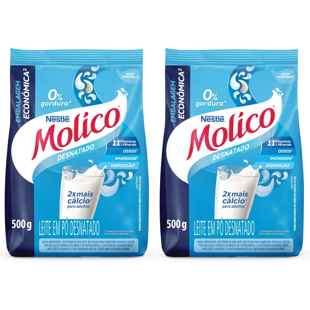 Kit 2 Unidades Leite Em Pó Molico Desnatado 500g Pacote Refil Sachet ...