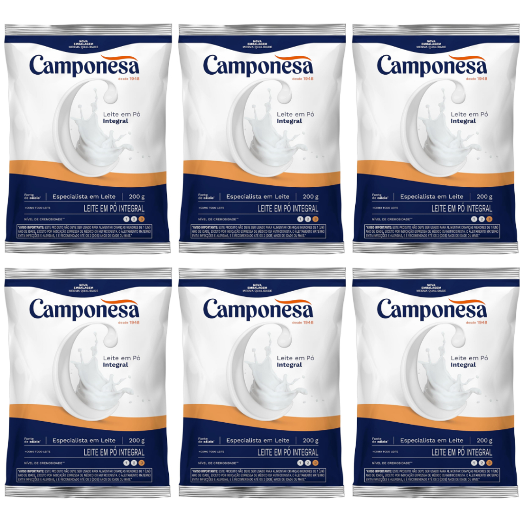 Kit 6 Unidades Leite Integral Camponesa 200g Kit Pacote Em Pó Refil ...