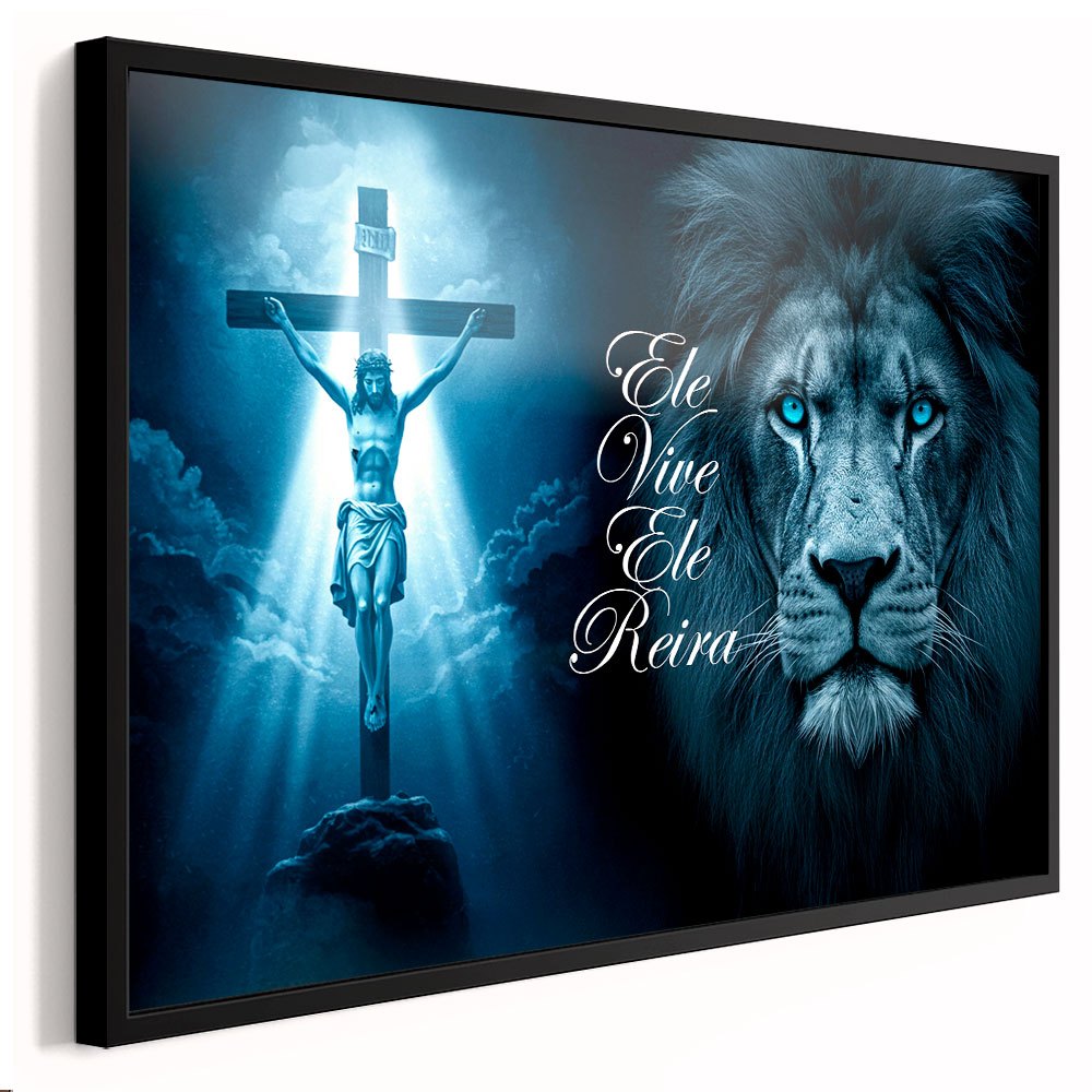 Quadro Decorativo Cristão - Jesus na Cruz e Leão com Frase 'Ele Vive ...