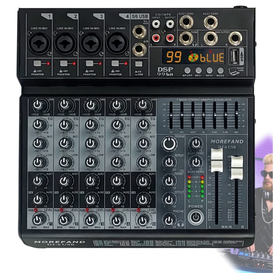 MOREFAND 6 Canal Portátil Profissional Mixer Som Mixing Console Computador Entrada 48V Poder ...