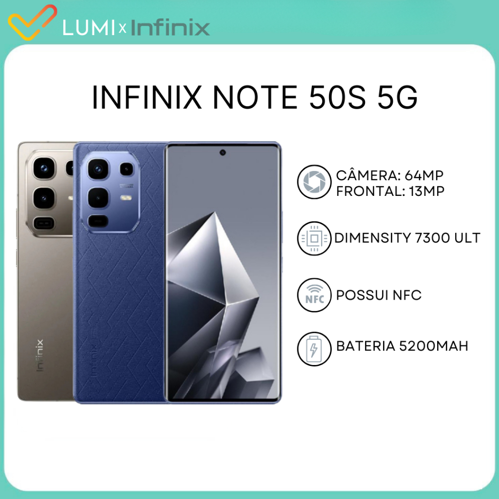 Infinix Note 50S 5G 256GB Armazenamento e 8GB RAM, Processador Dimensity 7300 Ultimate, Câmera ...
