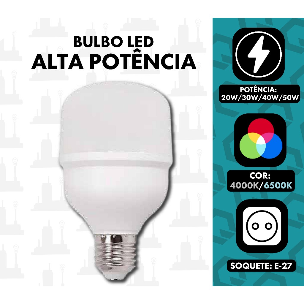 Bulbo led 20w 30w 40w 50w Alta Potencia 4000K 6500K BIVOLT Branco ...